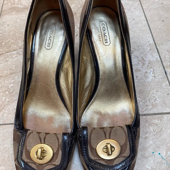 Coach | Shoes | Coach Block Heel Pumps With Gold Hardware Size 8 | Poshmark